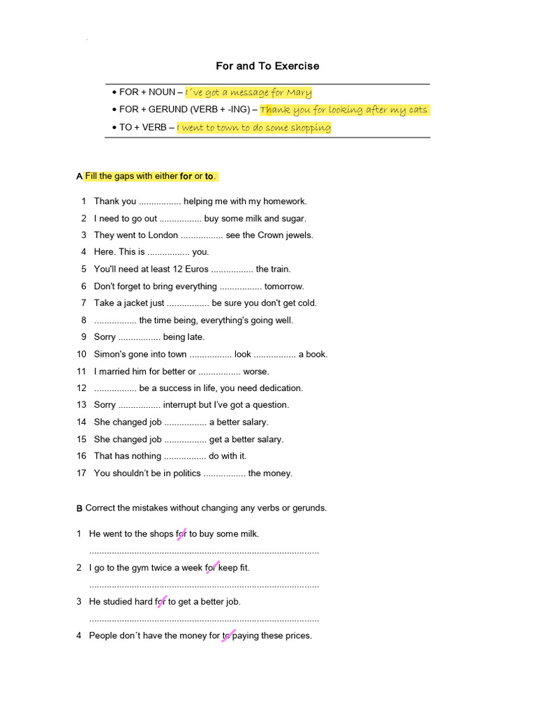 For and To - Preposition Exercise | PDF | Semantic Units | Linguistic ...