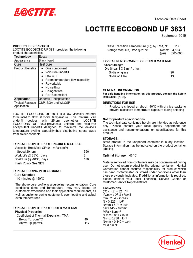 LOCTITE ECCOBOND UF 3831 en - GL | PDF | Viscosity | Legal Liability