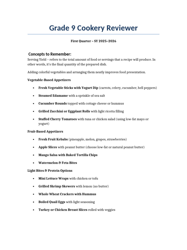 Grade 9 Cookery Review Guide | PDF | Salad | Stock (Food)