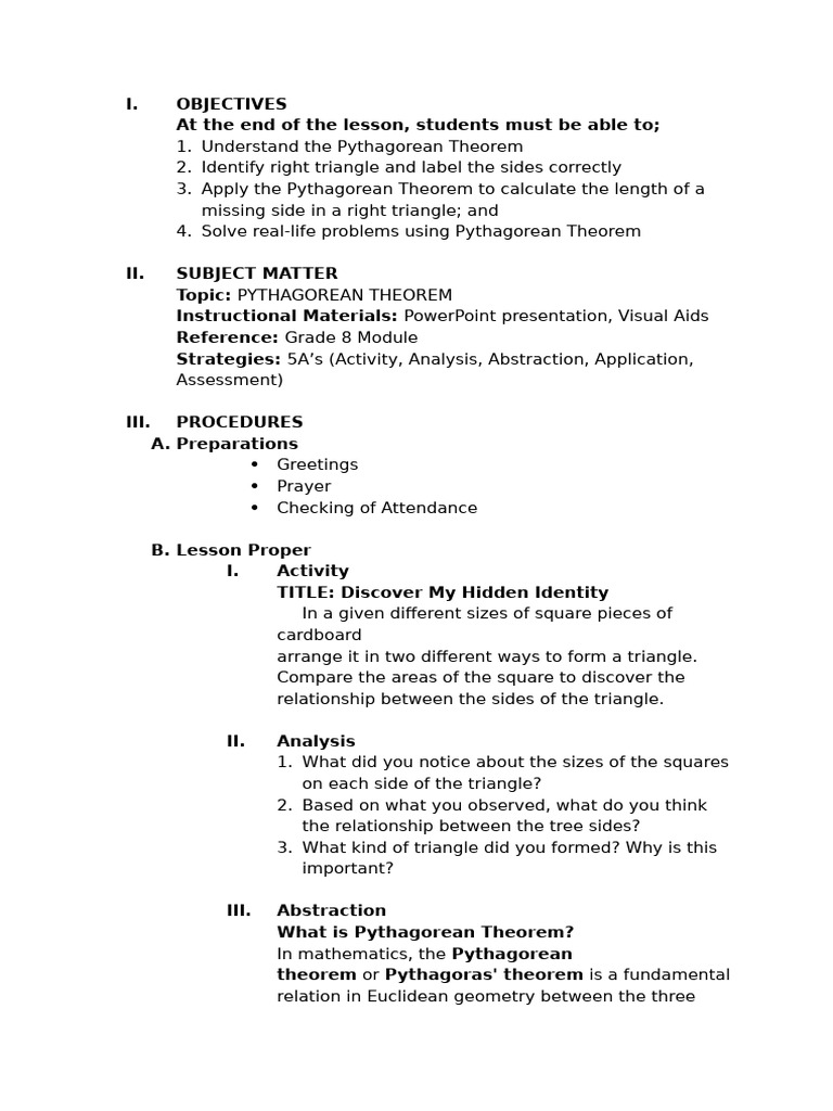 5a's Lesson Plan - Pythagorean Theorem | PDF | Mathematics | Euclid