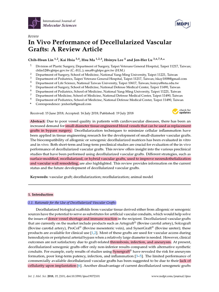 In Vivo Performance of Decellularized Vascular Grafts A Review Article ...