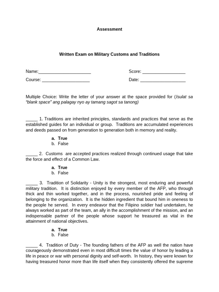 Assessment Form On Military Customs and Traditions | PDF