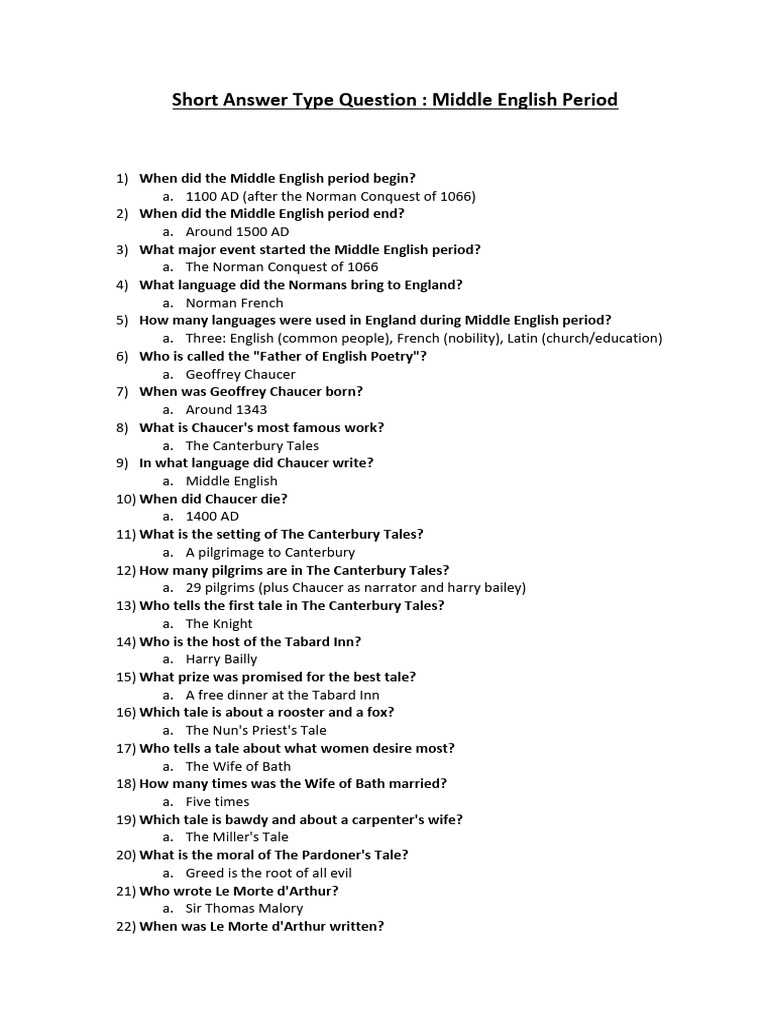 Short Answer Type Question MIDDLE ENG PERIOD | PDF | The Canterbury ...