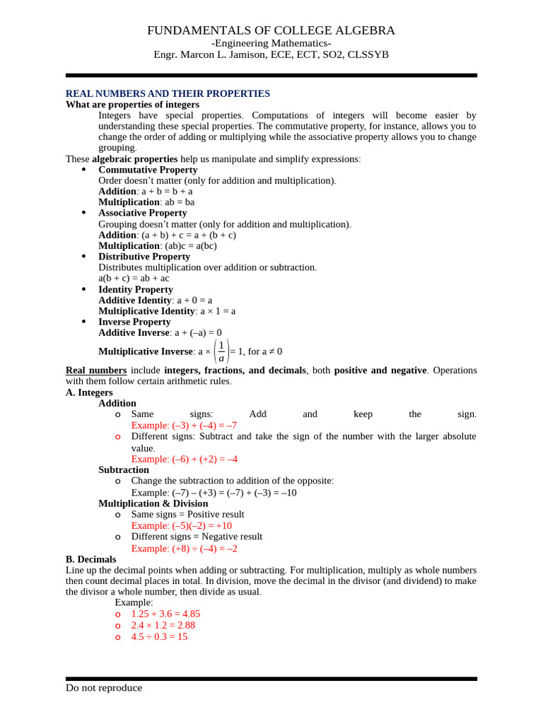 Reviewer - Fundamentals of Algebra | PDF | Division (Mathematics) | Multiplication