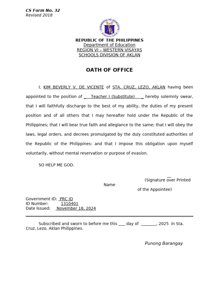 Teacher Oath of Office - Aklan, 2025 | PDF