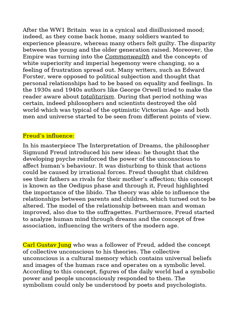 Post-WW1 Britain: Literature and Psychology | PDF | Sigmund Freud | Time