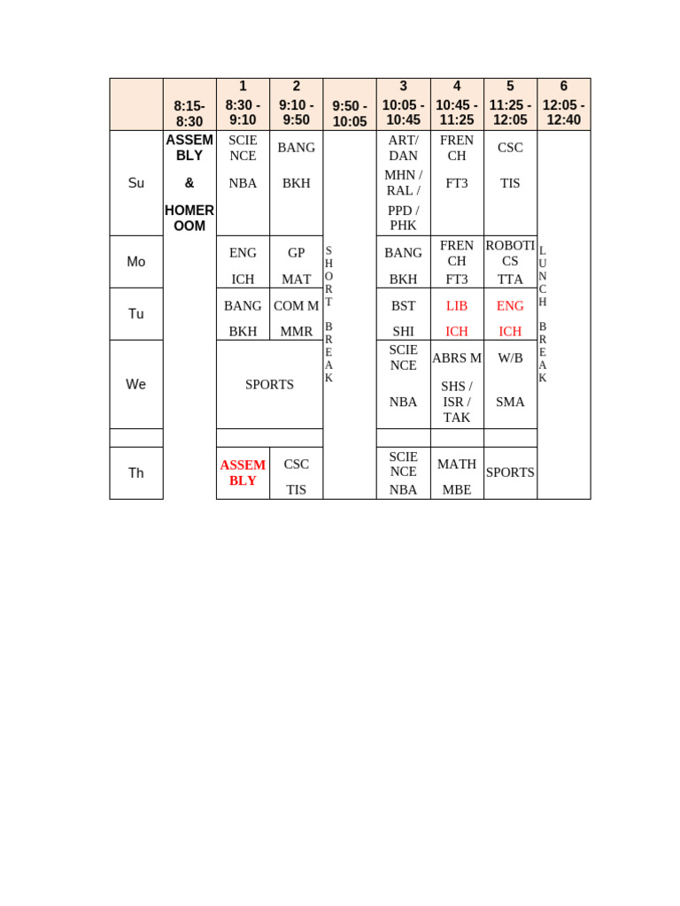 Weekly Sports and Class Schedule | PDF