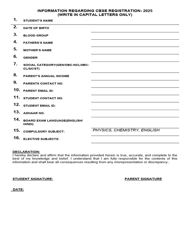 CBSE Registration Form Details 2025 | PDF