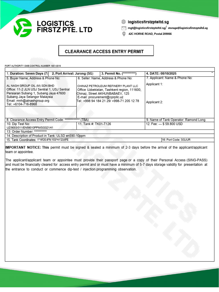 Clearance Access Entry Permit (Singapore Jurong Caep Terminal) | PDF
