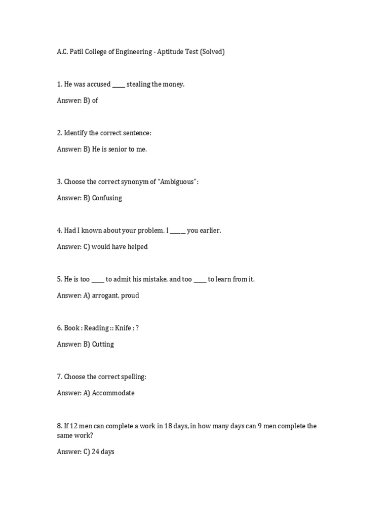 A.C. Patil Engineering Aptitude Test Answers | PDF