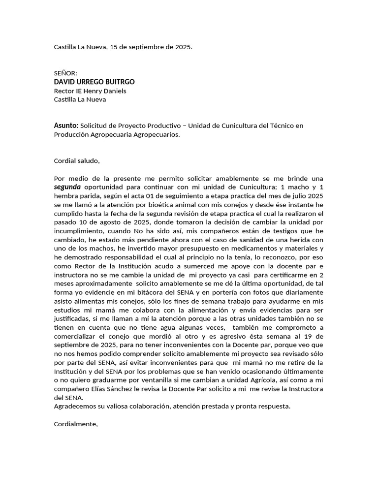 Solicitud Unidad Conejos Sara Peña | PDF