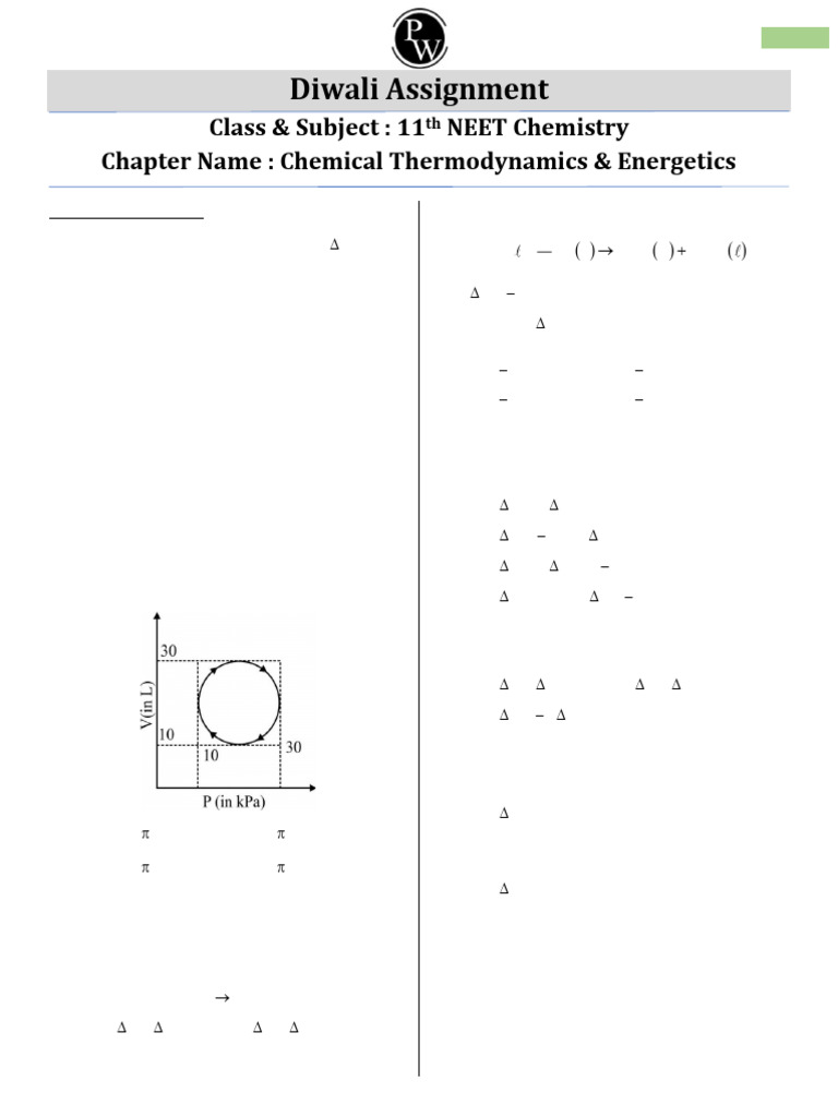Diwali Assignment Chemistry Chemical Thermodynamics & Energetics | PDF | Thermodynamics | Gases