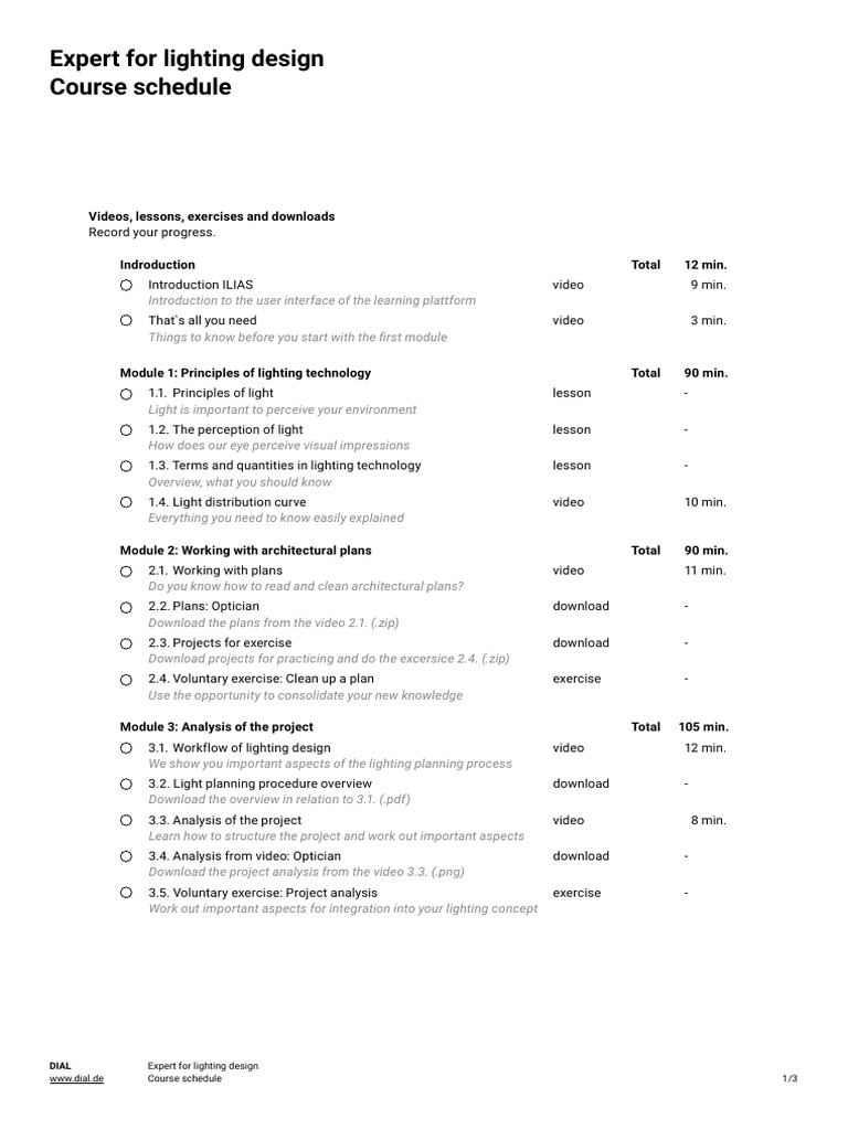 DIAL Academy Expert For Lighting Design OC Course Schedule | PDF ...