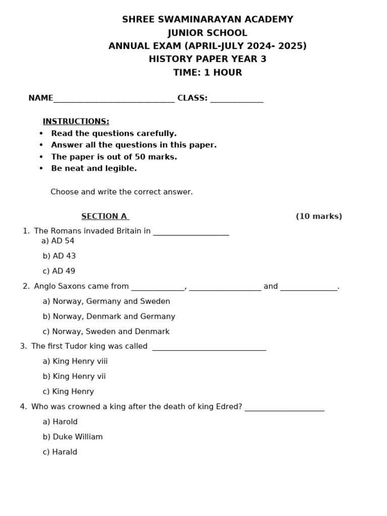 Year 3 History Exam Paper 2024-2025 | PDF | Anglo Saxons