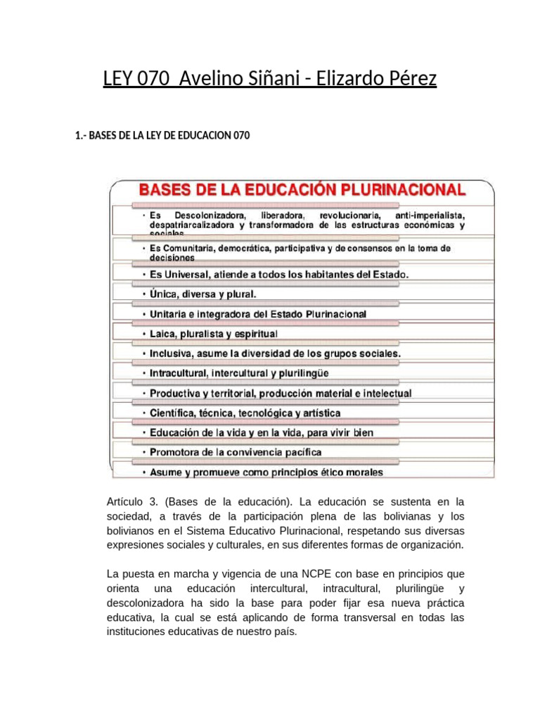 LEY 070 Avelino Siñani | PDF