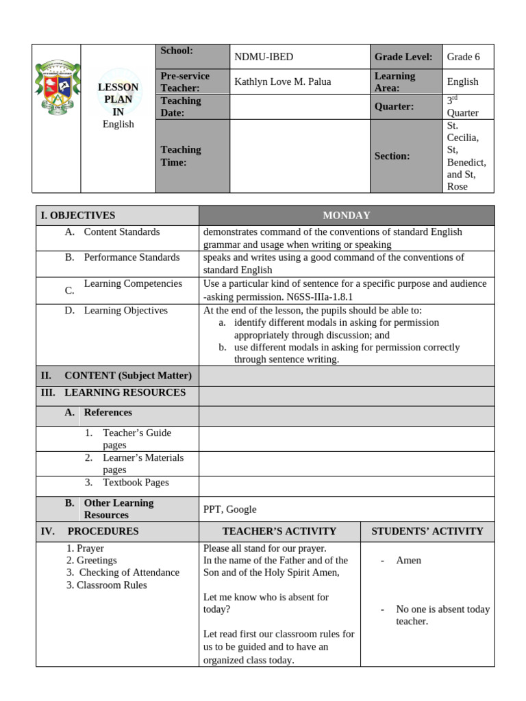 Grade 6 English Lesson Plan: Asking Permission | PDF | Teachers | Verb