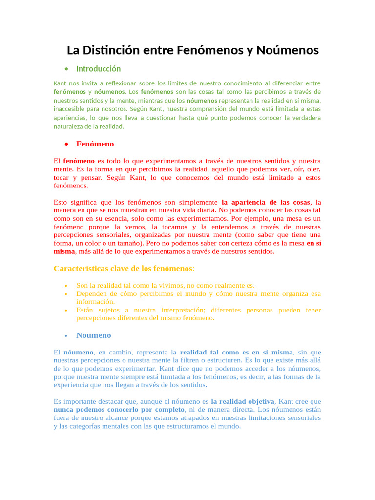 Diferencia entre Fenómenos y Nóumenos | PDF | Realidad | Noumenon
