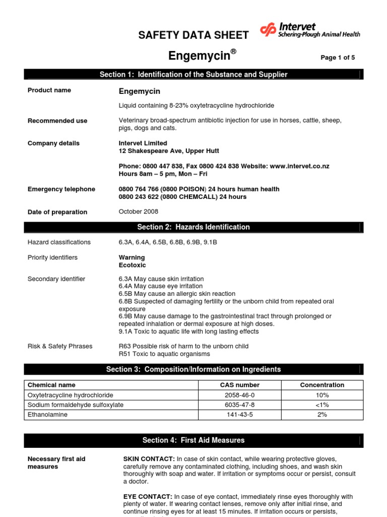 Engemycin Safety Data Sheet Tcm90-170911 | PDF | Toxicity | Chemical ...