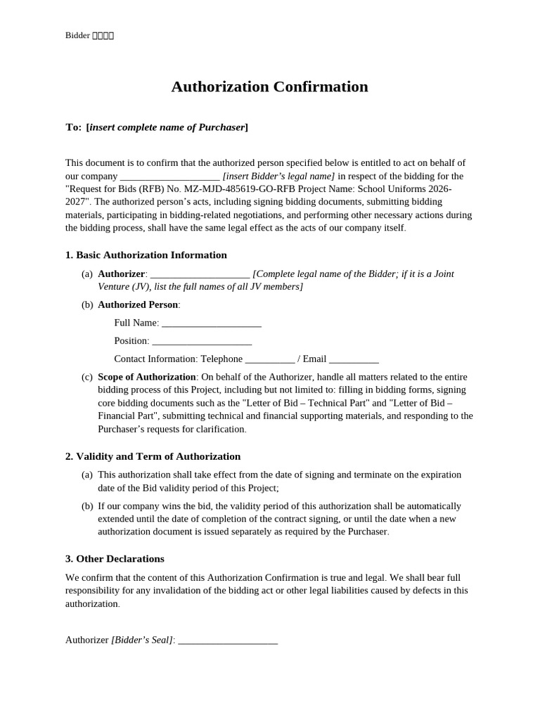 Bidder Authorization Confirmation Template | PDF