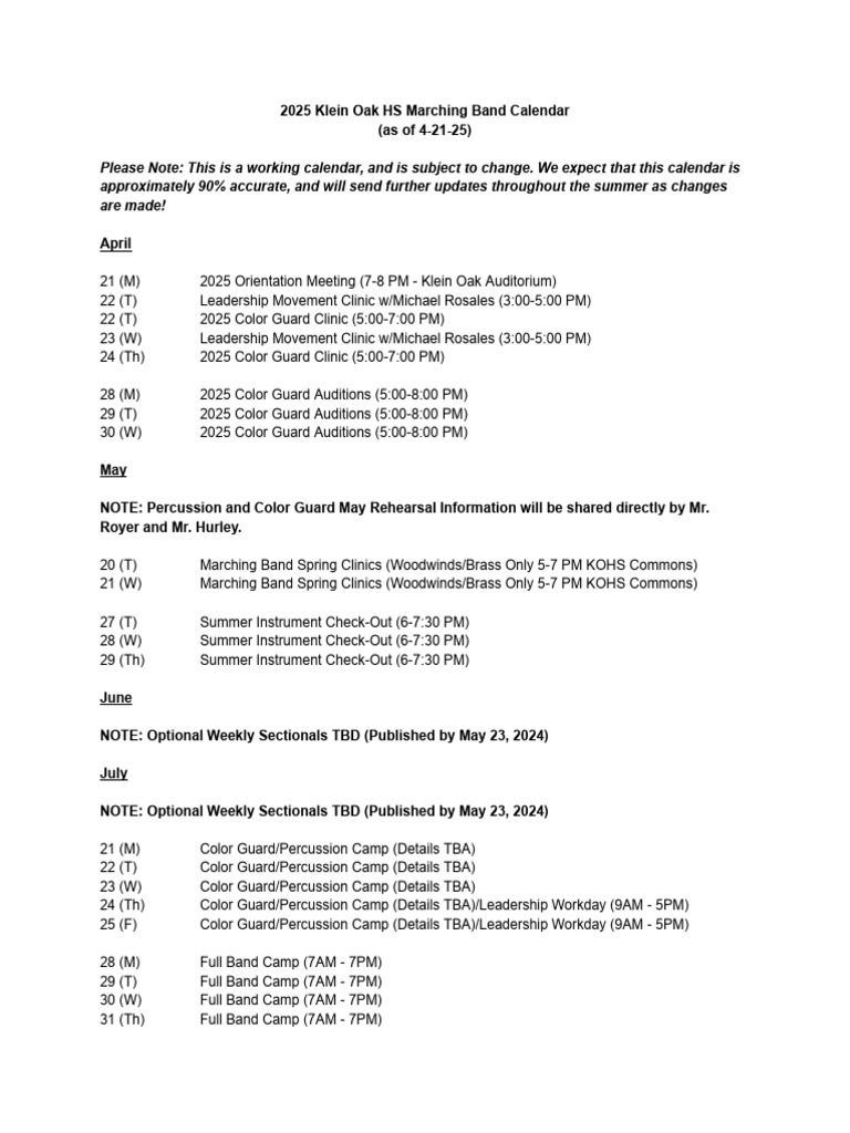 2025 Klein Oak Marching Band Schedule | PDF | Music Production | Music ...