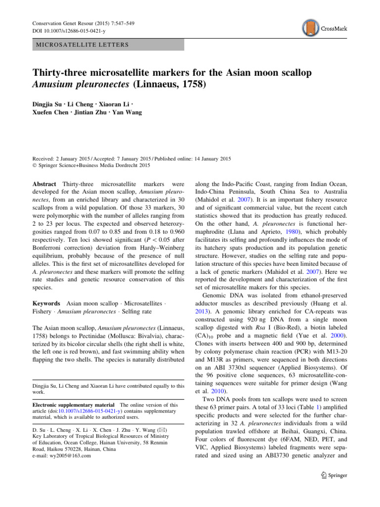 Su 2015 - Asian Moon Scallop | PDF | Zygosity | Microsatellite