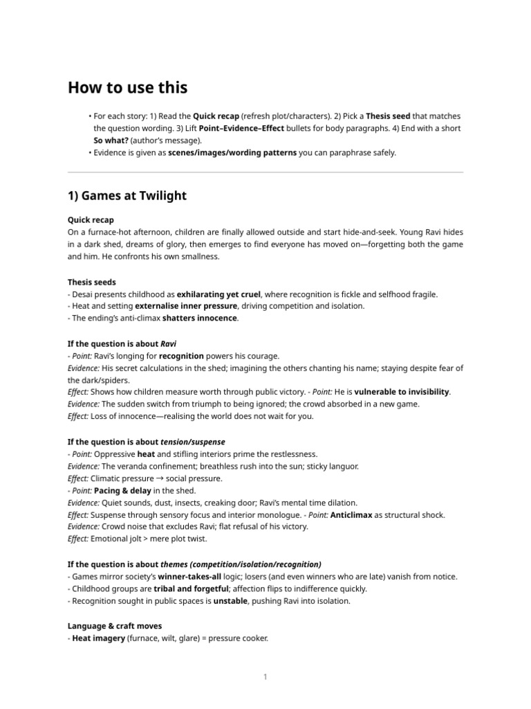 Games at Twilight - Story by Story Exam Points Bank (O Level) | PDF