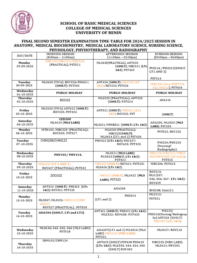 Final Second Semester Examination Time-Table For 20242025 Session ...