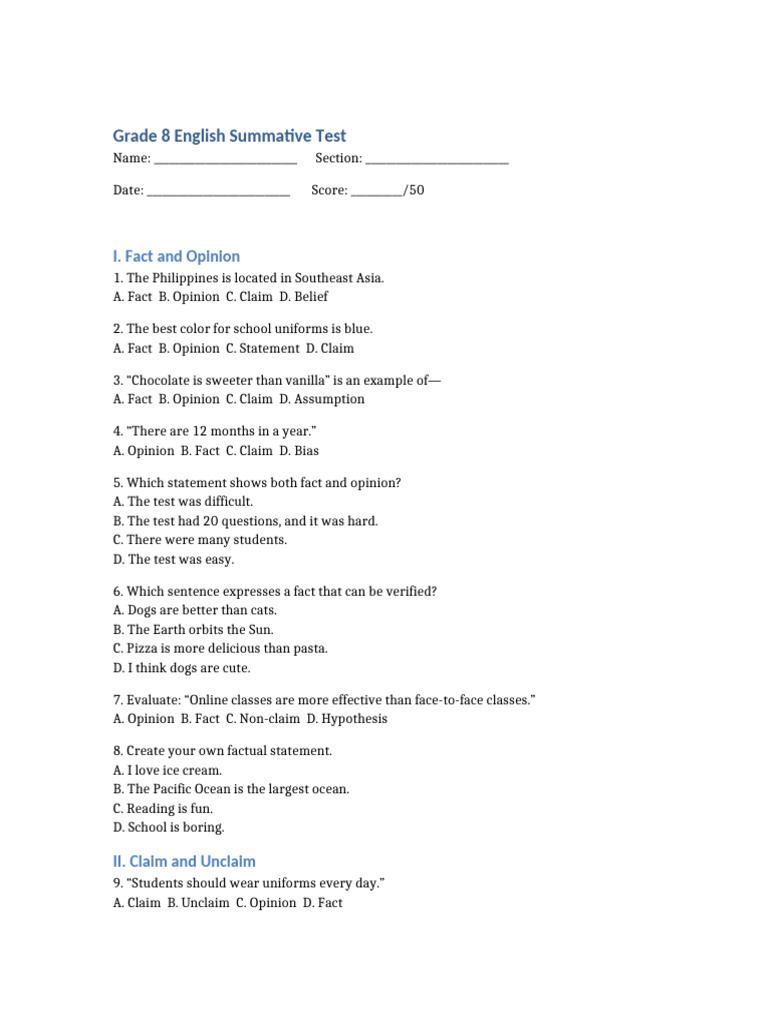 Grade 8 English Summative Test Guide | PDF | Recycling