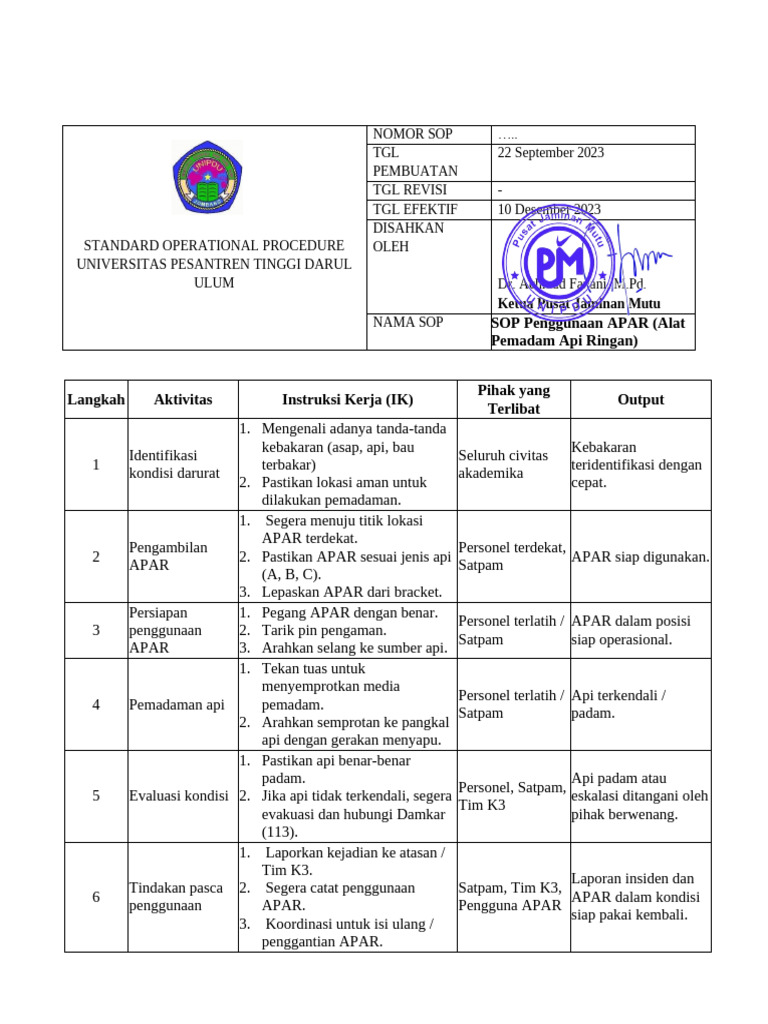 SOP Penggunaan APAR di Universitas | PDF