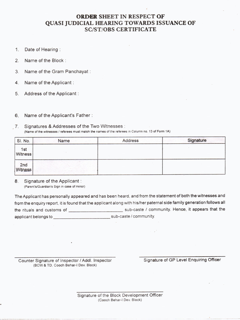 Witness Form For Caste Certificate | PDF