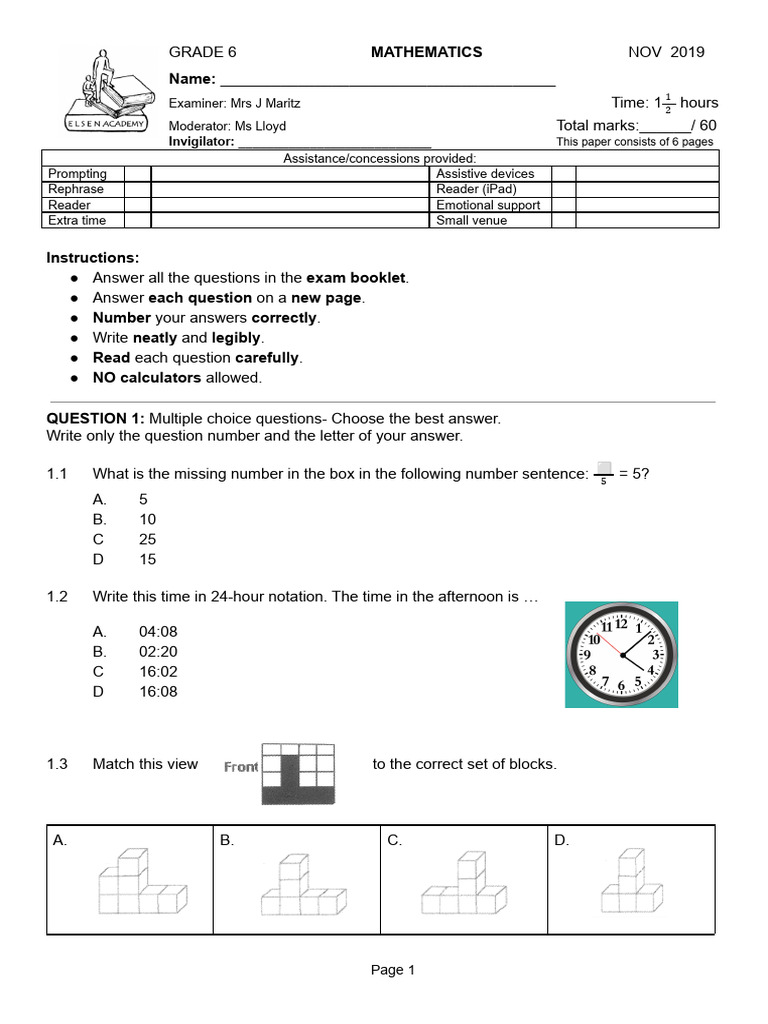 2019 NOV Exam Math GR 6 - Maritz | PDF | Mathematics