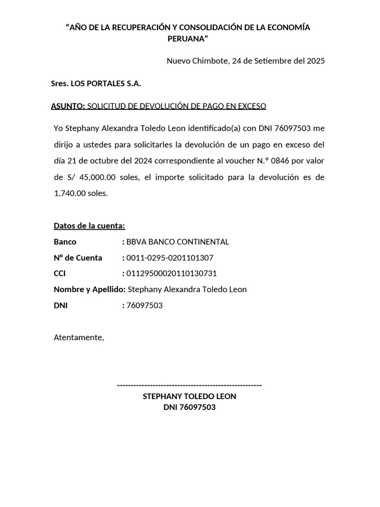 Solicitud de Devolucion de Dinero | PDF