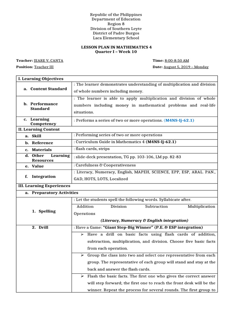 Lesson Plan in Math 4 Q1.W10 | PDF | Learning | Cognition