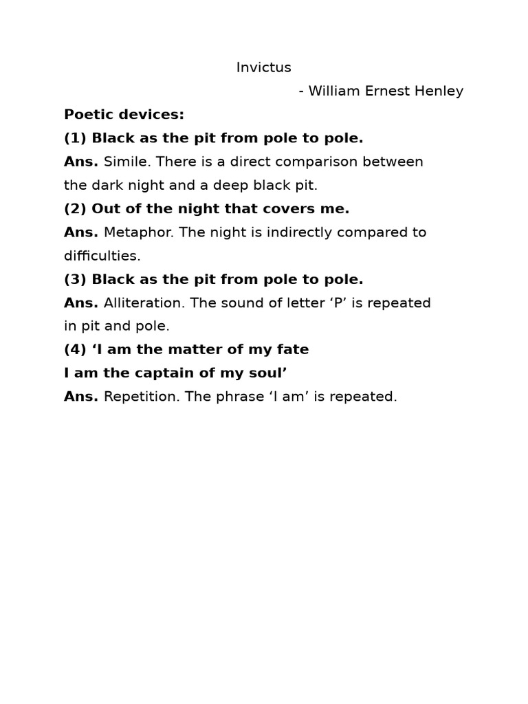 Poetic Devices in "Invictus" Analysis | PDF