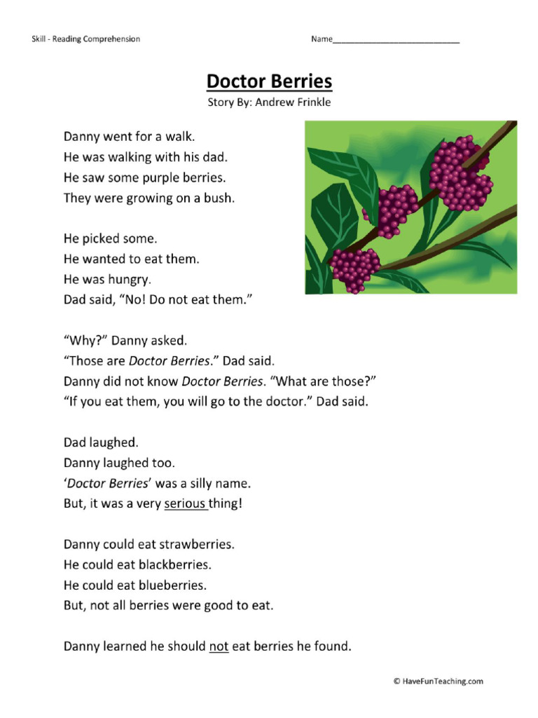 Free Doctor Berries First Grade Reading Comprehension Worksheet | PDF