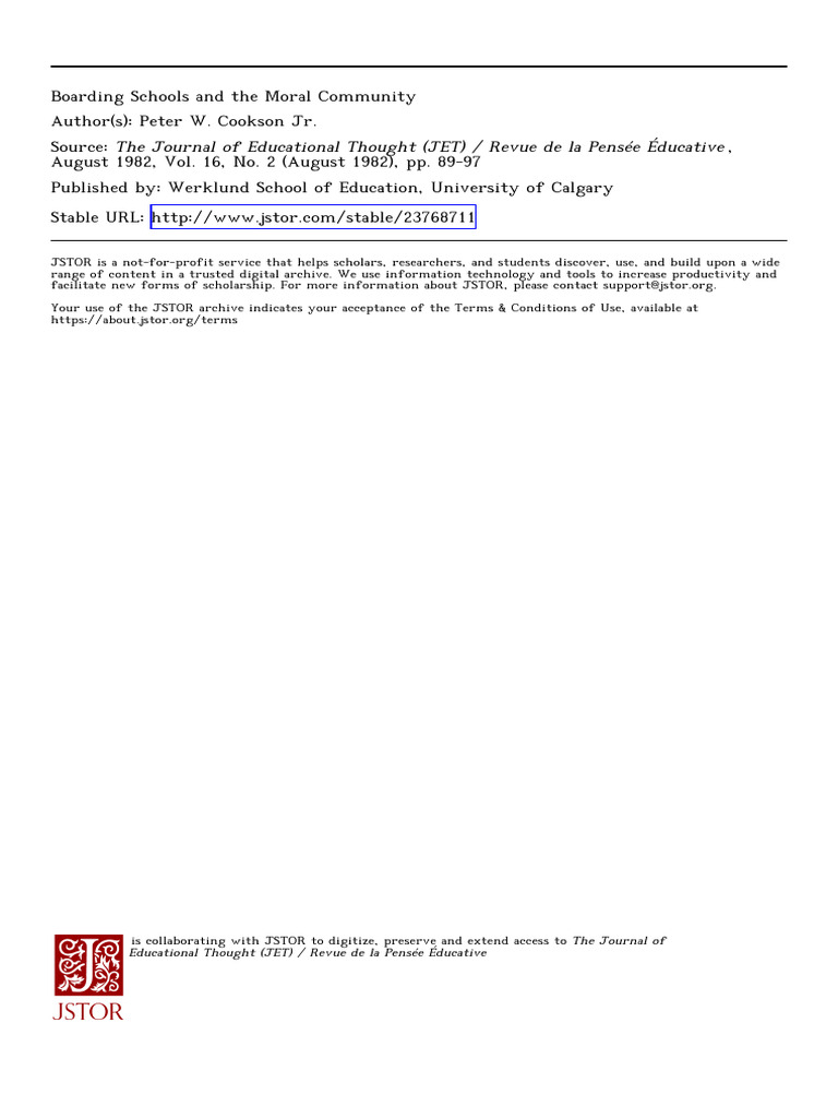 Cookson JR, Peter W (1982) Boarding Schools and The Moral Community | PDF | Adolescence ...