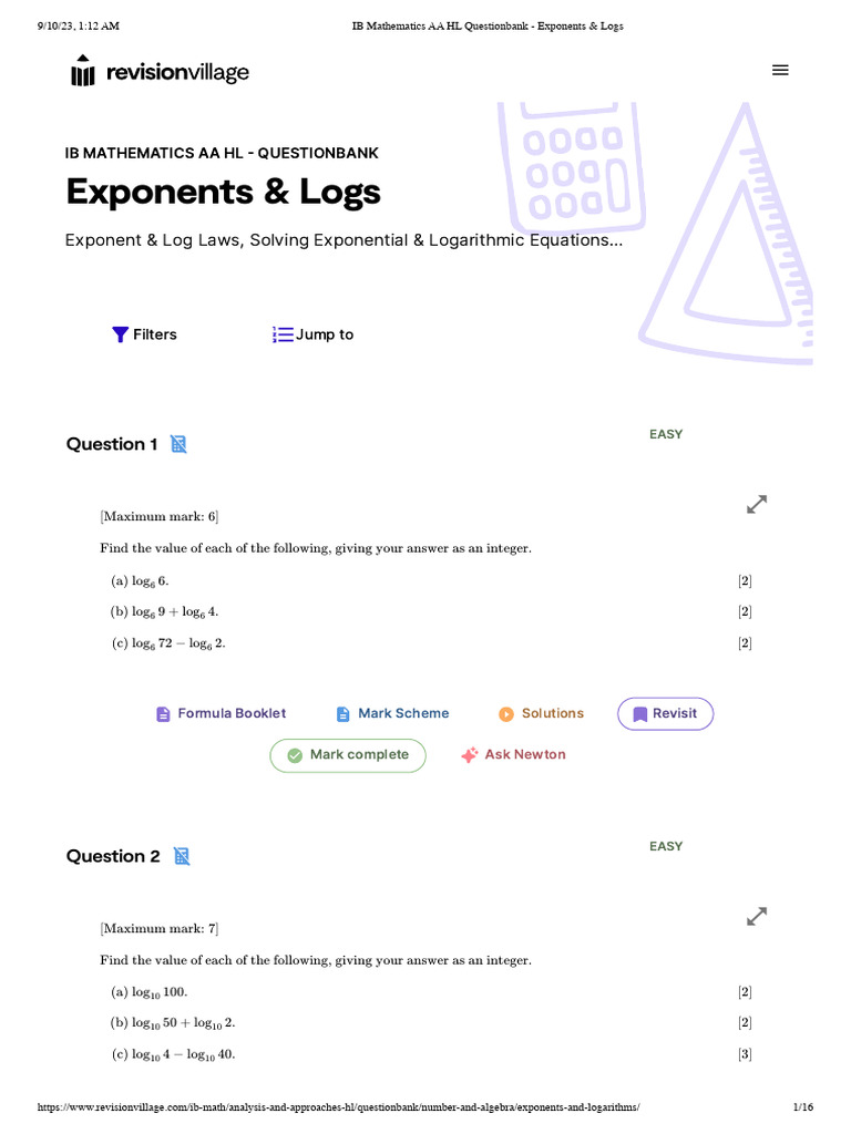 IB Mathematics AA HL Questionbank - Exponents & Logs | PDF | Logarithm ...