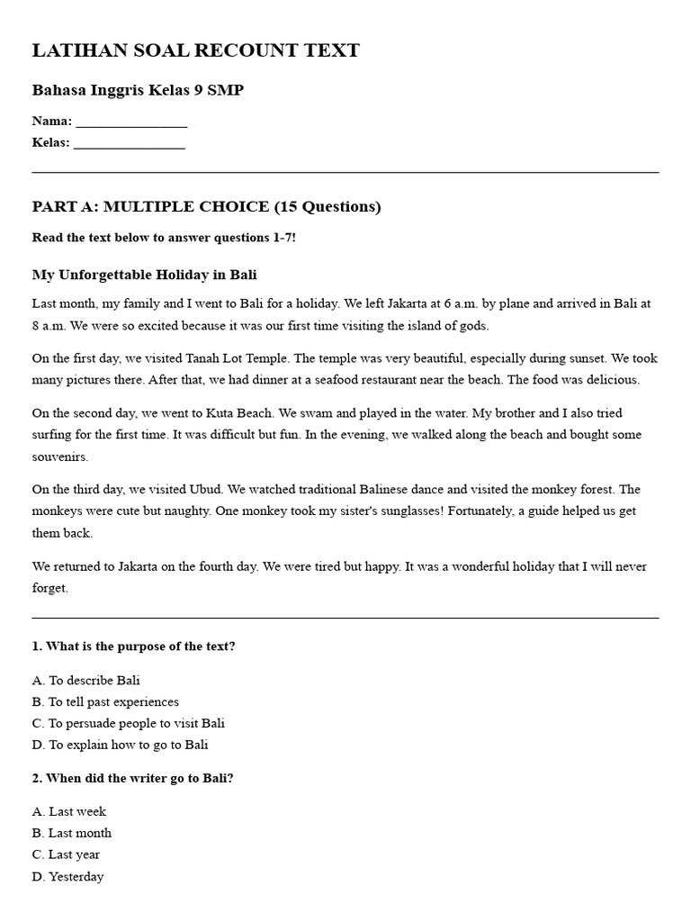 Latihan Soal Recount Text Kelas 9 SMP | PDF | Bali | Linguistics