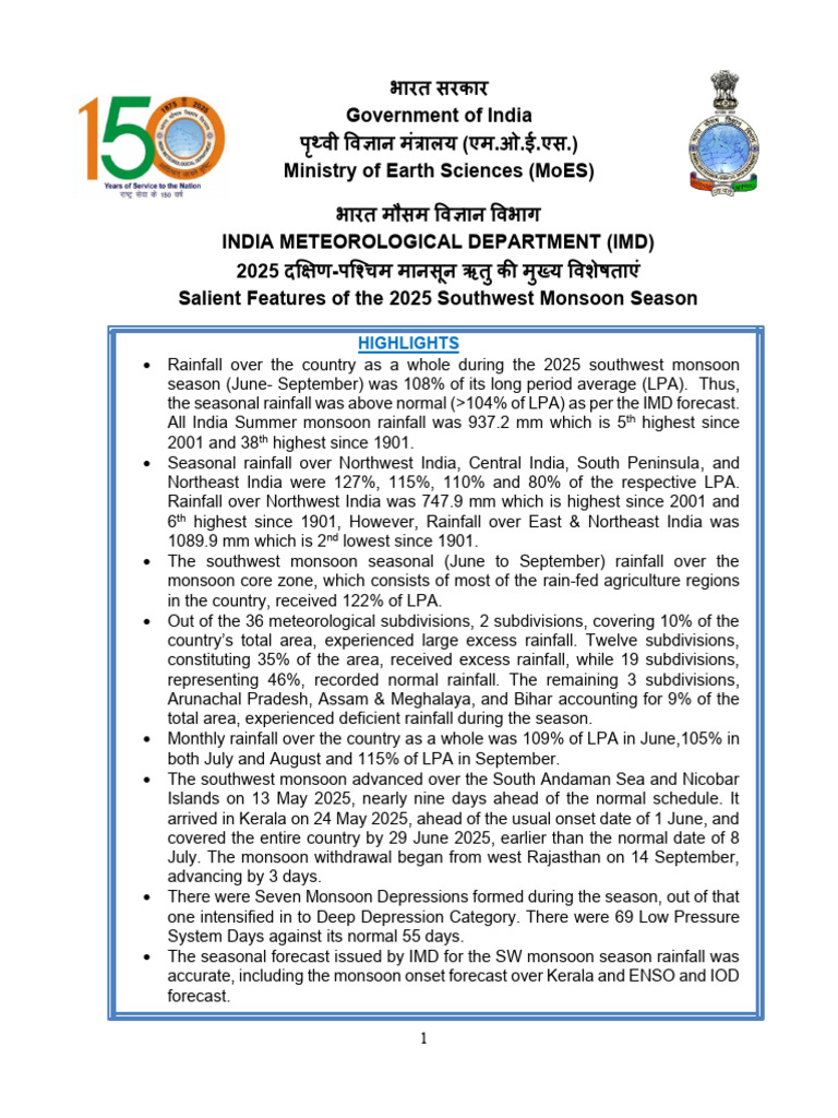 Salient Features of The MONSOON 2025 - Final | PDF | Meteorology | Storms