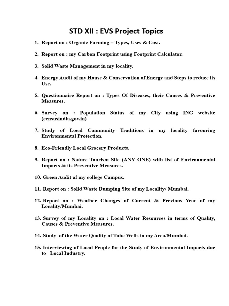 STD Xii Evs Project Topics 2024-25 | PDF