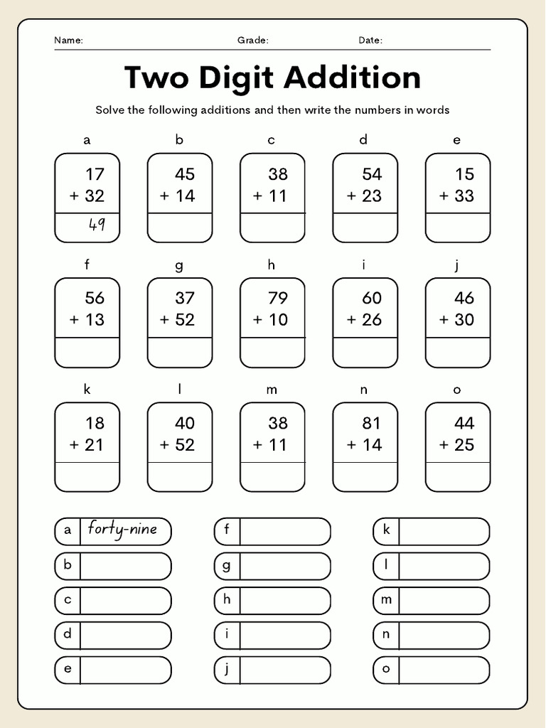 Two Digit Addition Practice Worksheet | PDF