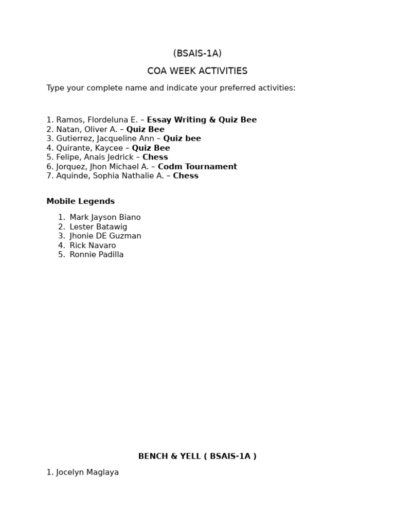 Coa List Bsais-1a | PDF