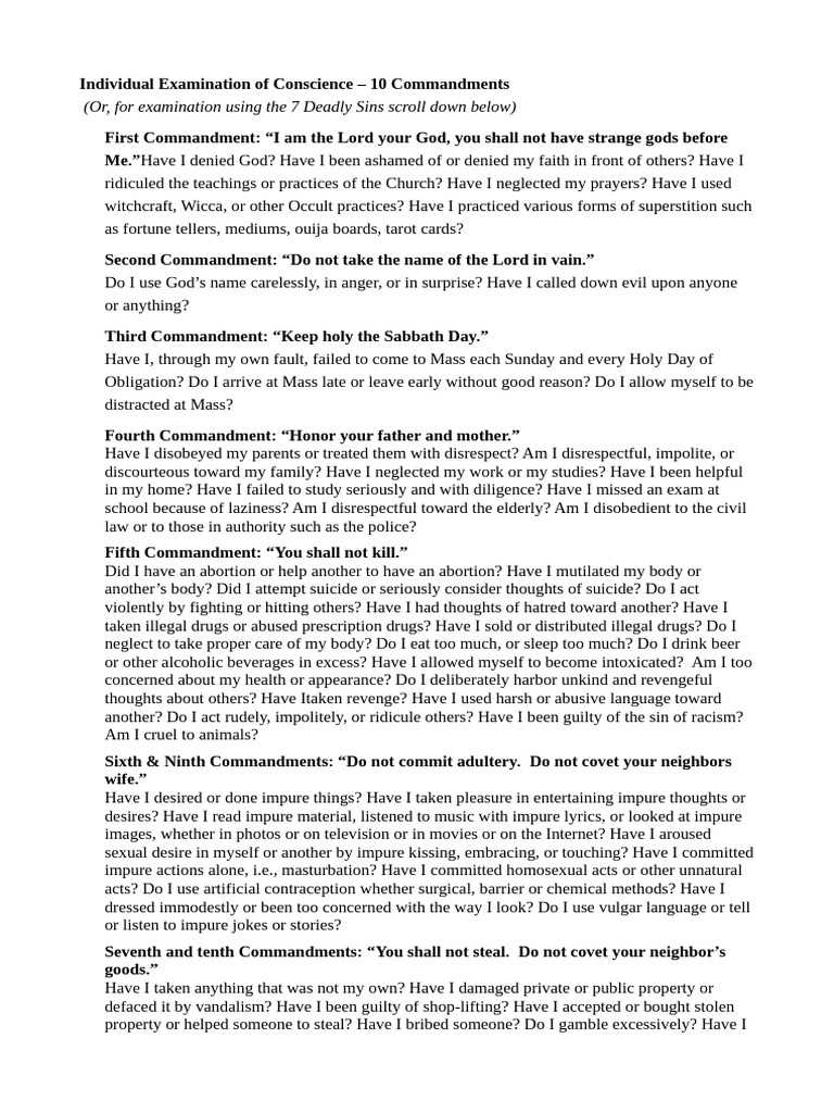 Examination of Conscience Form | PDF | Confession (Religion) | Penance
