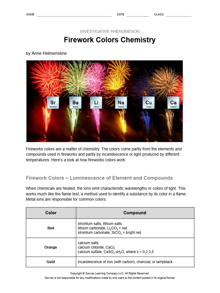 Firework Colors Chemistry Worksheet | PDF | Salt (Chemistry) | Chemical ...