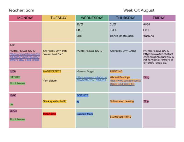 Weekly Lesson Plan for August Activities | PDF