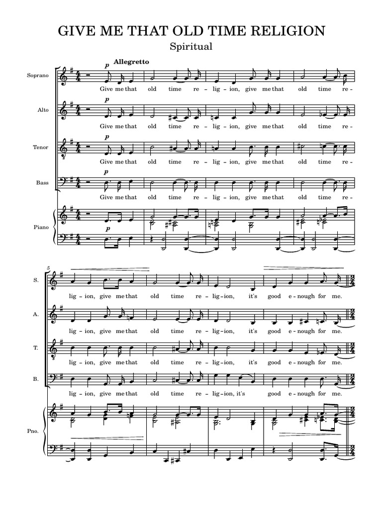 Partition Pour Chœur Et Piano Du Gospel: GIVE ME THAT OLD TIME RELIGION ...