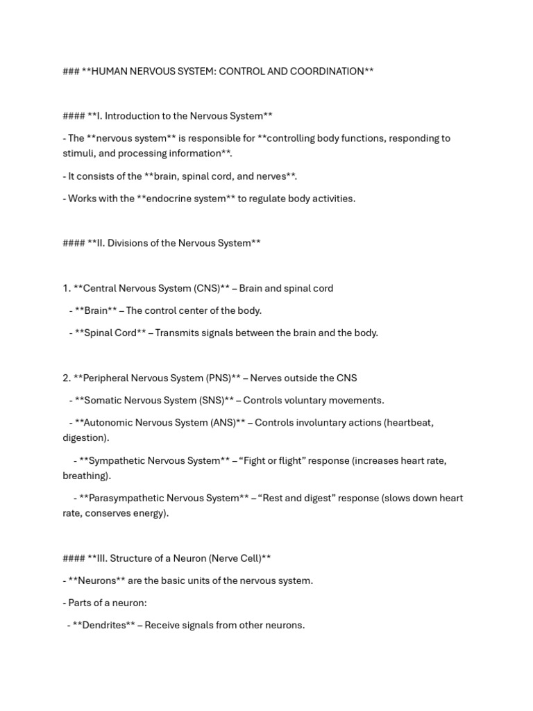 Biology Notes Human Nervous System | PDF | Central Nervous System ...