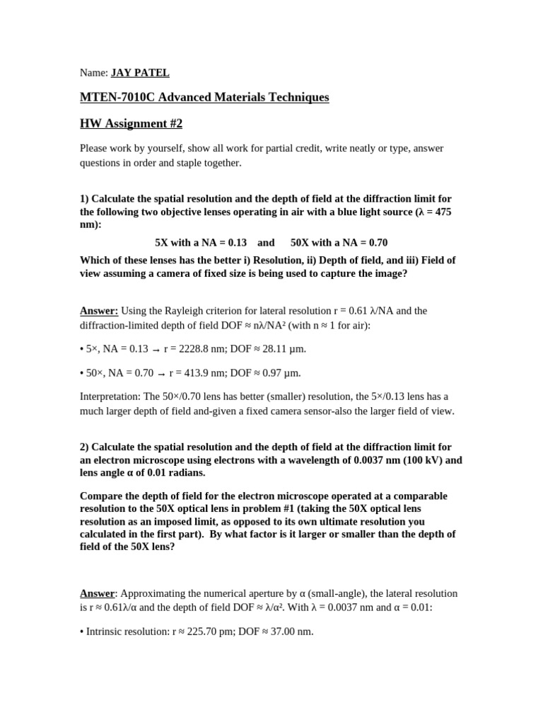 MTEN-7010C Advanced Materials Techniques HW Assignment #2 | PDF ...