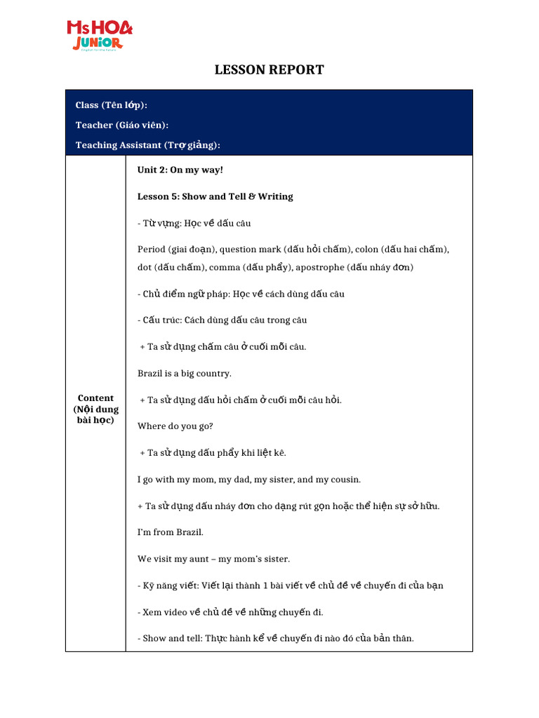 Form Lesson Report - U2 - l5 - Explorer 3 | PDF