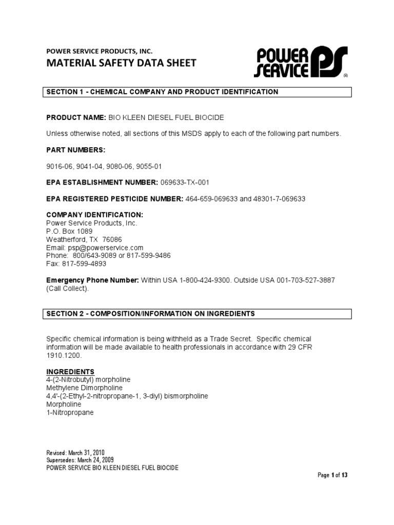 Bio Kleen Diesel Fuel Biocide | PDF | Dangerous Goods | Polyvinyl Chloride